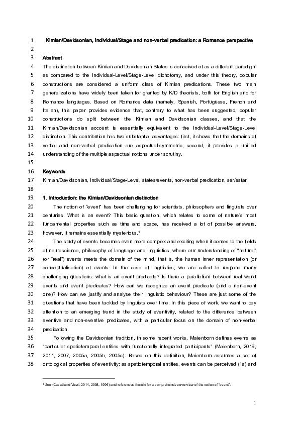 (PDF) Kimian/Davidsonian, Individual/Stage and non-verbal predication ...