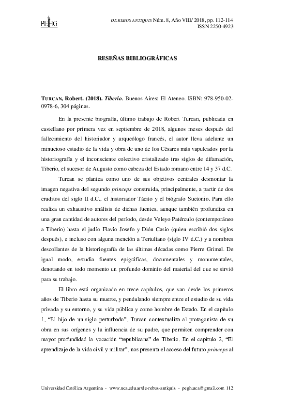 (PDF) Turcan, Robert. (2018). Tiberio. Buenos Aires: El Ateneo