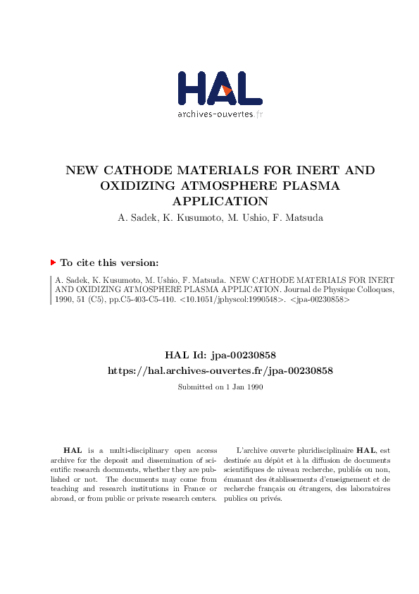 New Cathode Materials for Inert and Oxidizing Atmosphere Plasma Application