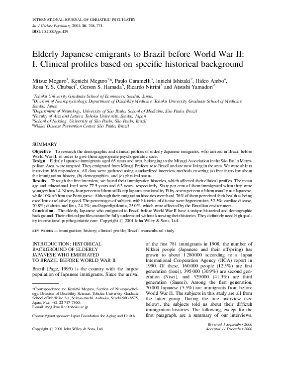 (PDF) Elderly Japanese emigrants to Brazil before World War II: I ...