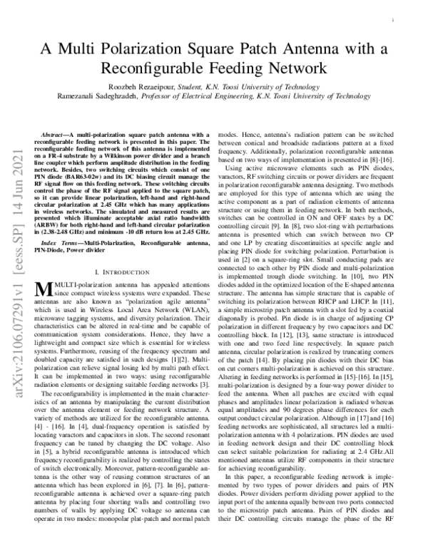 Pdf A Multi Polarization Square Patch Antenna With A Reconfigurable Feeding Network Roozbeh