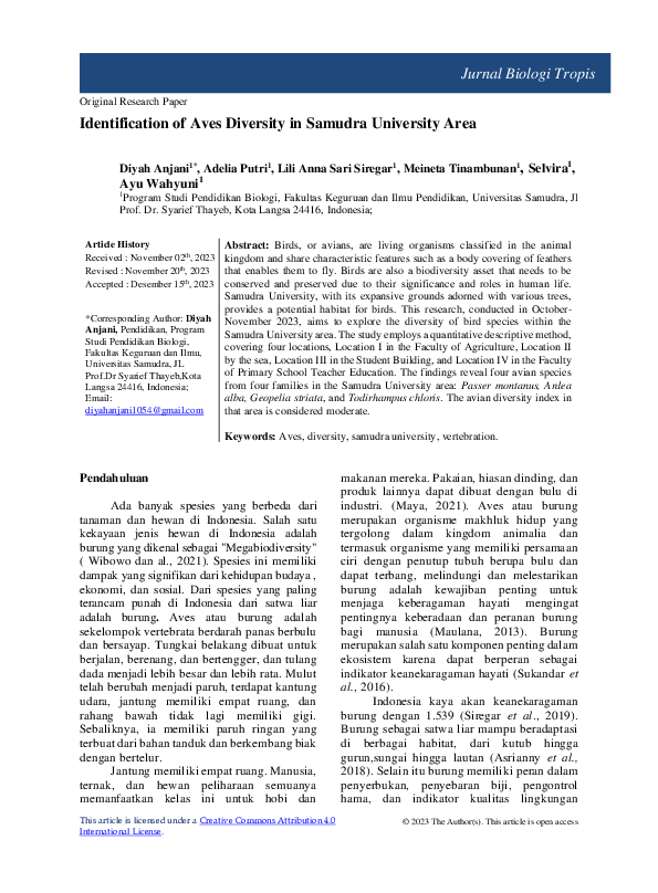 (PDF) Identification of Aves Diversity in Samudra University Area