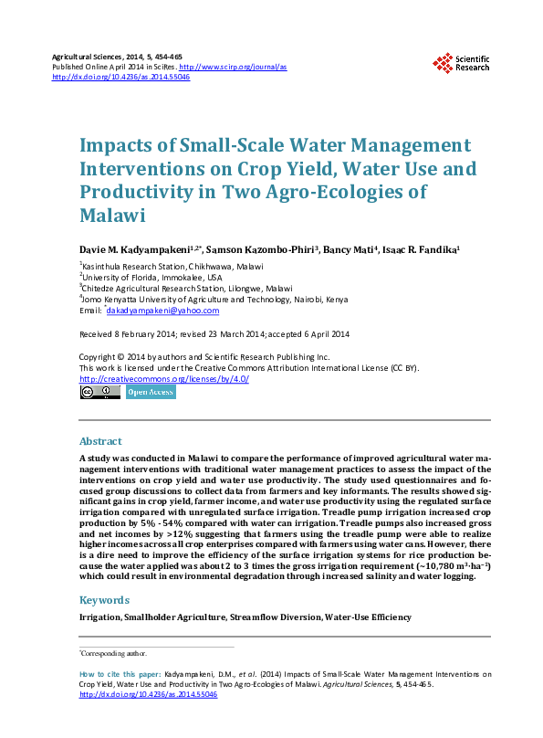 (PDF) Impacts of Small-Scale Water Management Interventions on Crop ...