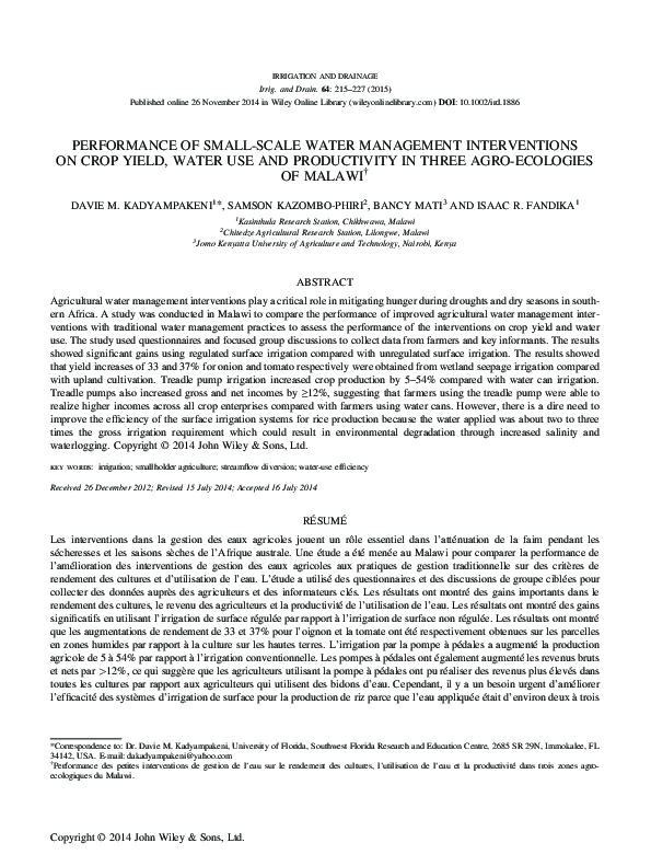 (PDF) Performance of Small‐Scale Water Management Interventions on Crop ...