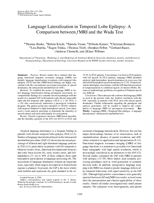 (PDF) Language Lateralization in Temporal Lobe Epilepsy: A Comparison between fMRI and the Wada ...