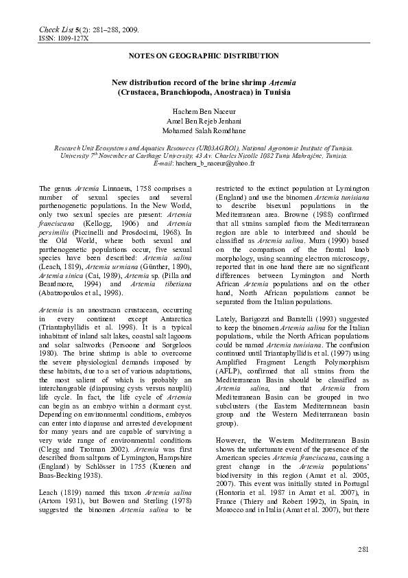 (PDF) New distribution record of the brine shrimp Artemia (Crustacea ...