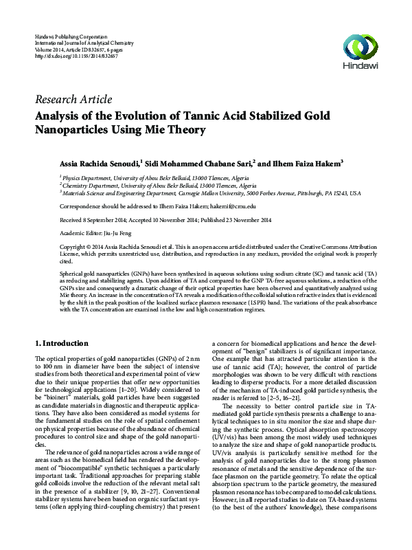 (PDF) Analysis of the evolution of tannic Acid stabilized gold nanoparticles using mie theory