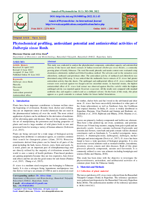 (PDF) Phytochemical profiling, antioxidant potential and antimicrobial activities of Dalbergia ...