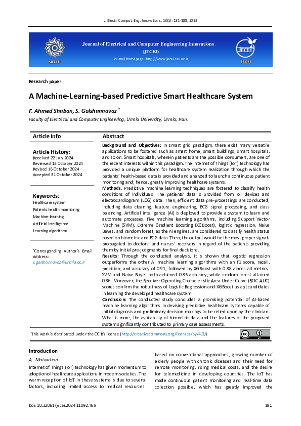 (PDF) A Machine-Learning-based Predictive Smart Healthcare System