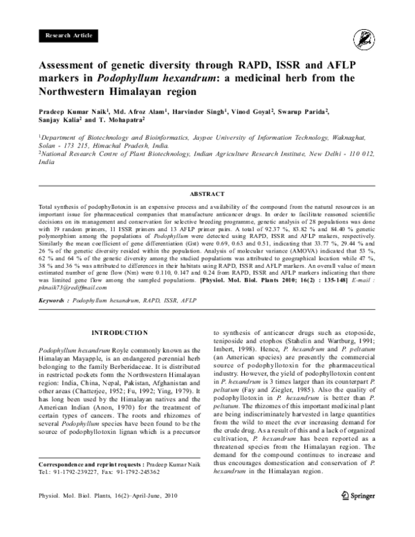 (PDF) Assessment of genetic diversity through RAPD, ISSR and AFLP markers in Podophyllum ...