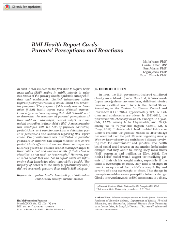 (PDF) BMI Health Report Cards: Parents' Perceptions and Reactions