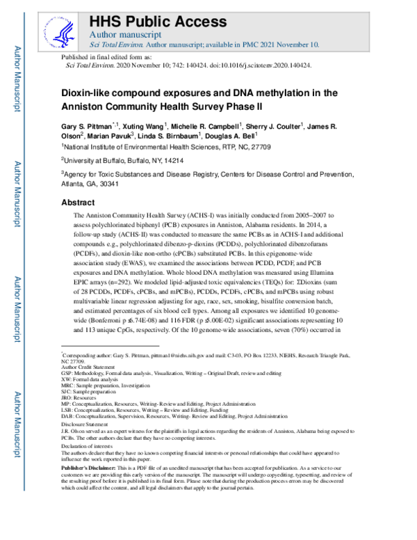 (PDF) Dioxin-like compound exposures and DNA methylation in the Anniston Community Health Survey ...