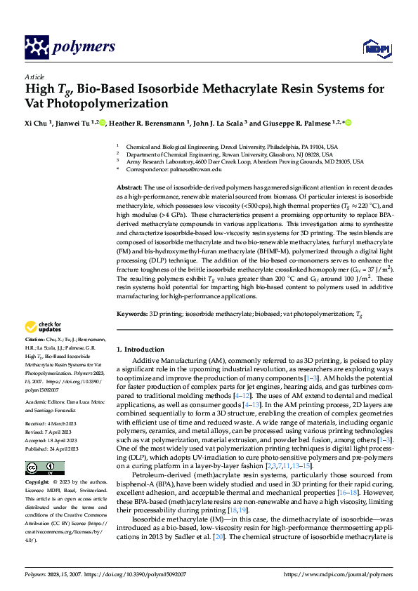 (PDF) High Tg, Bio-Based Isosorbide Methacrylate Resin Systems for Vat ...