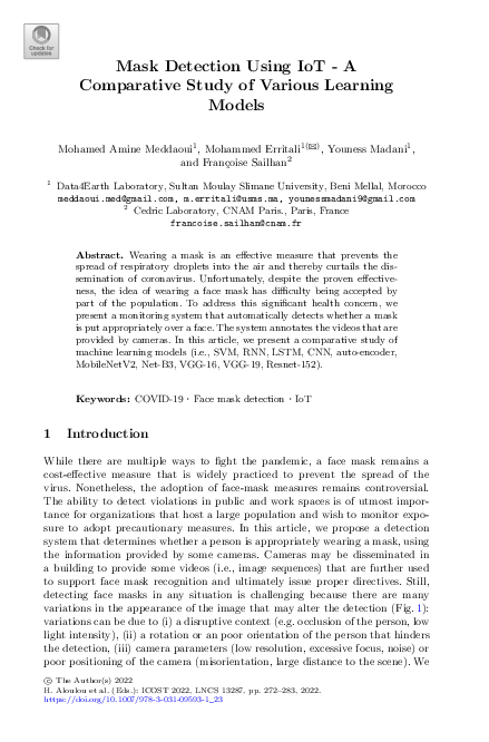 (PDF) Mask Detection Using IoT - A Comparative Study of Various Learning Models