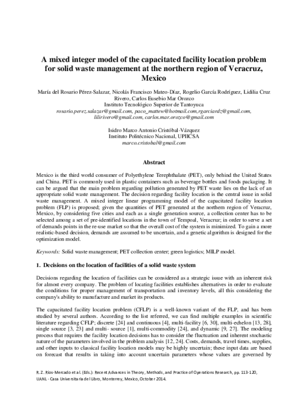 (PDF) A mixed integer model of the capacitated facility location ...