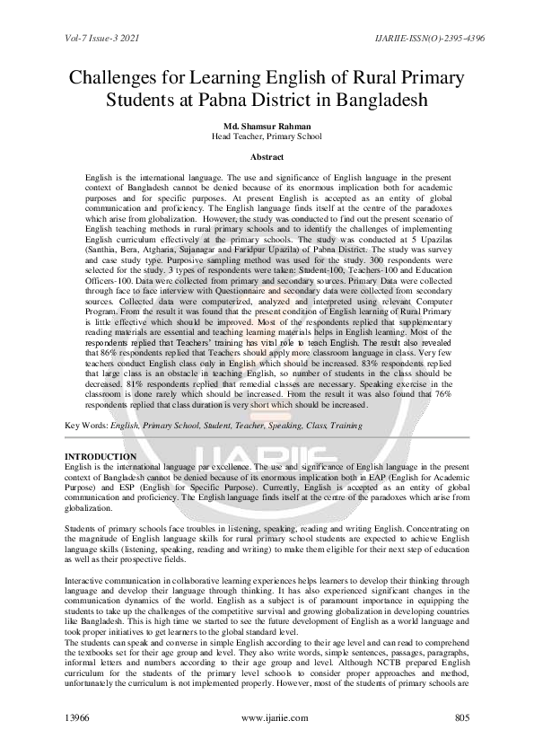 (PDF) Challenges for Learning English of Rural Primary Students at Pabna District in Bangladesh