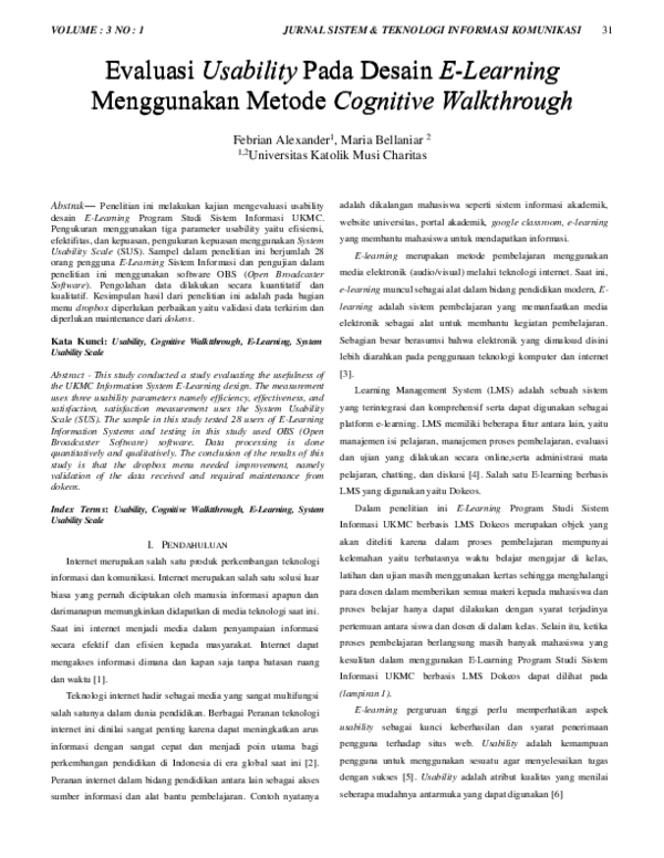 (PDF) Evaluasi Usability Pada Desain E-Learning Menggunakan Metode Cognitive Walkthrough