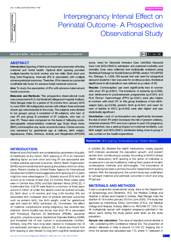 (PDF) Interpregnancy Interval Effect on Perinatal Outcome- A ...