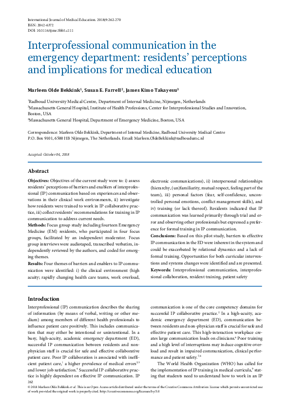 (PDF) Interprofessional communication in the emergency department: residents' perceptions and ...