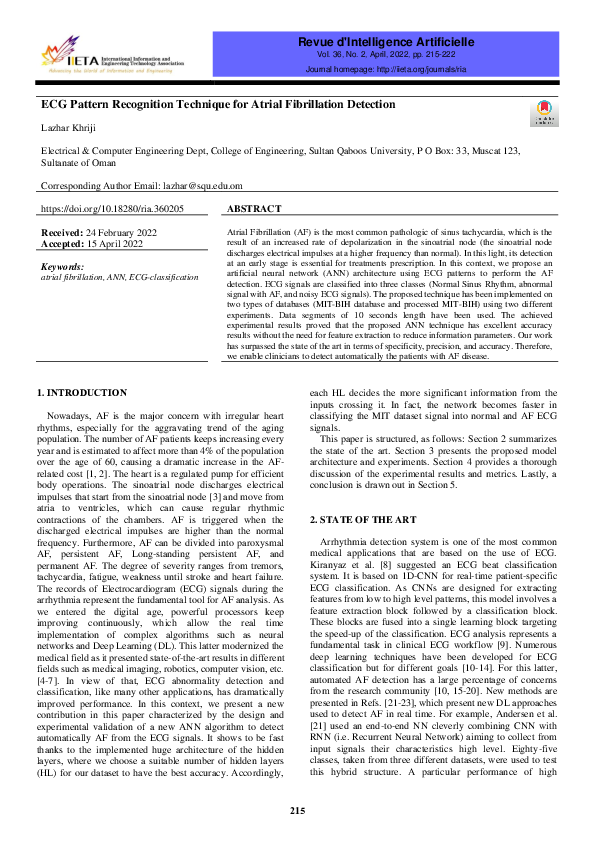 (PDF) ECG Pattern Recognition Technique for Atrial Fibrillation Detection