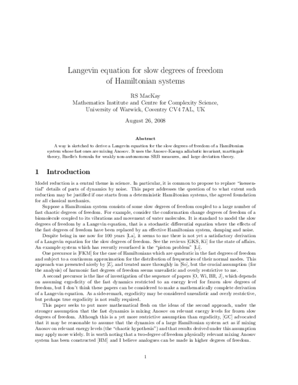 (PDF) Langevin Equation for Slow Degrees of Freedom of Hamiltonian Systems