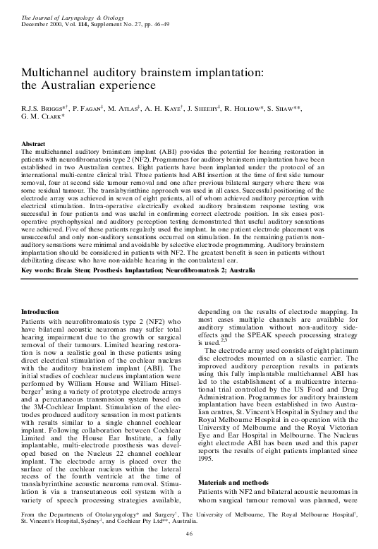 (PDF) Multichannel auditory brainstem implantation: the Australian ...