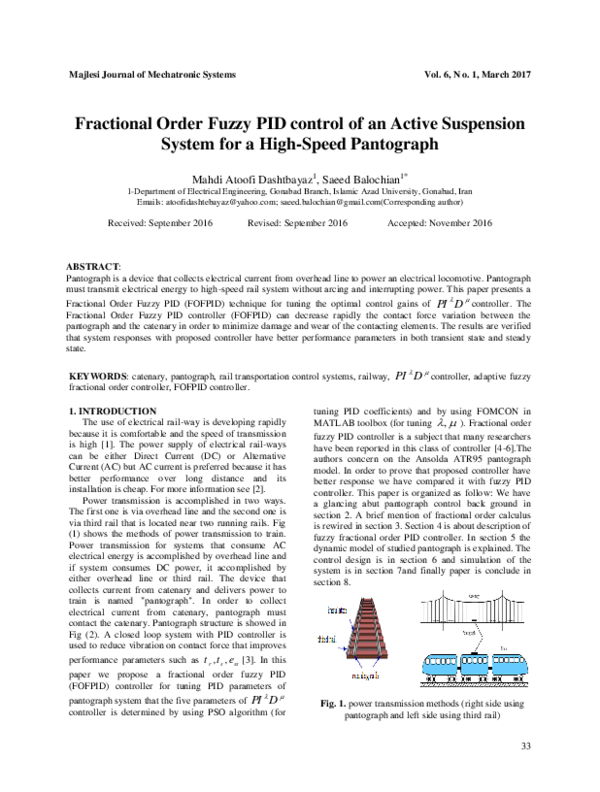 (PDF) Fractional Order Fuzzy PID control of an Active Suspension System for a High-Speed Pantograph
