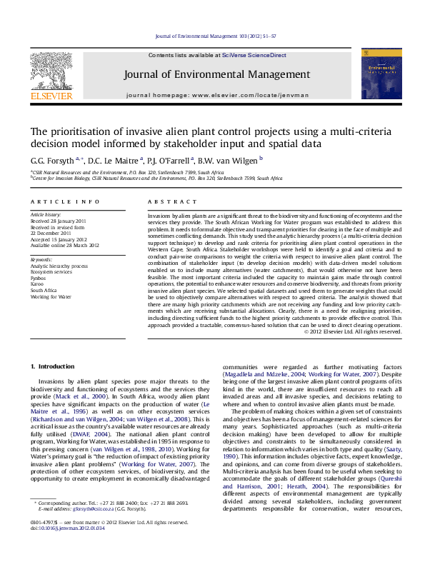 (PDF) The prioritisation of invasive alien plant control projects using ...