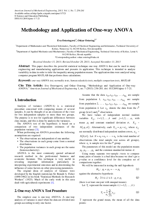 (PDF) Methodology and Application of Oneway ANOVA