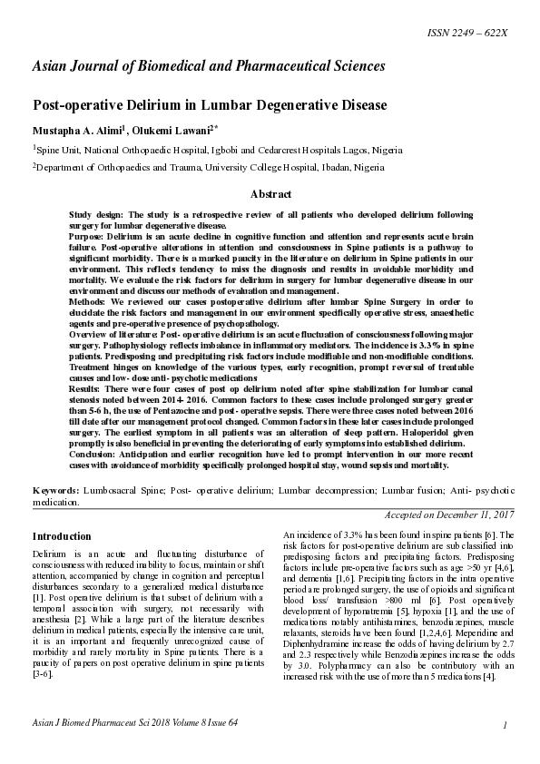 (PDF) Post-operative Delirium in Lumbar Degenerative Disease