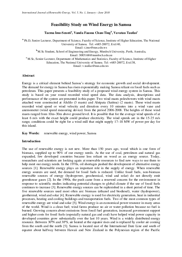 (PDF) Feasibility Study on Wind Energy in Samoa