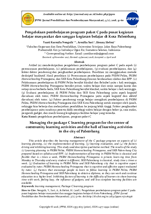 (PDF) Pengelolaan pembelajaran program paket C pada pusat kegiatan ...