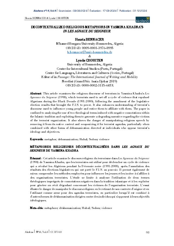 (PDF) DECONTEXTUALIZED RELIGIOUS METAPHORS IN YASMINA KHADRA'S Les ...