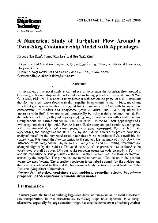 (PDF) A Numerical Study of Turbulent Flow Around a Twin-Skeg Container Ship Model with Appendages