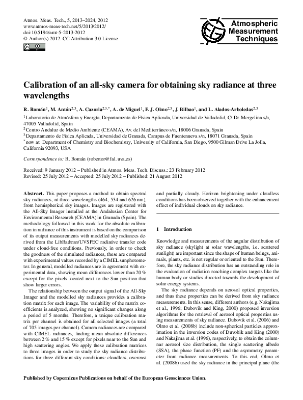 (PDF) Calibration of an all-sky camera for obtaining sky radiance at three wavelengths