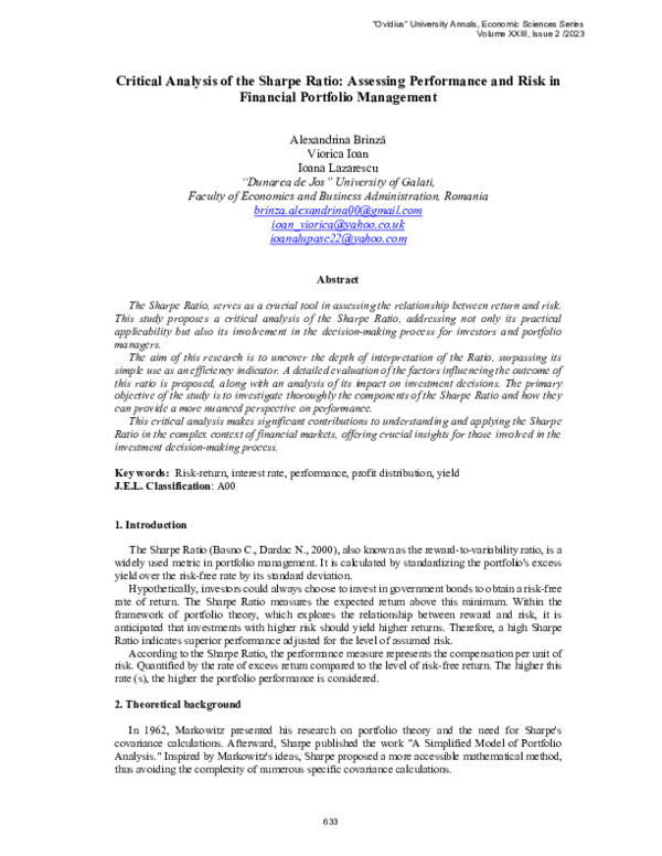 (PDF) Critical Analysis of the Sharpe Ratio: Assessing Performance and Risk in Financial ...