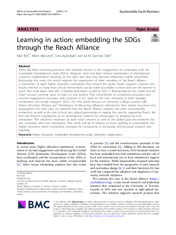 (PDF) Learning in action: embedding the SDGs through the Reach Alliance