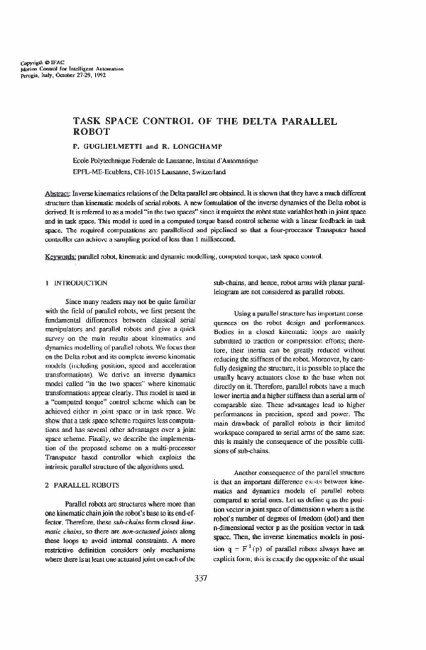 (PDF) Task Space Control of the Delta Parallel Robot