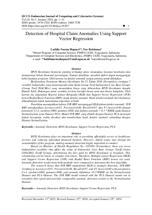 (PDF) Anomaly Detection of Hospital Claim Using Support Vector Regression
