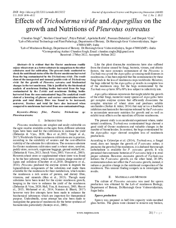 (PDF) Effects of Trichoderma viride and Aspergillus on the growth and Nutritions of Pleurotus ...