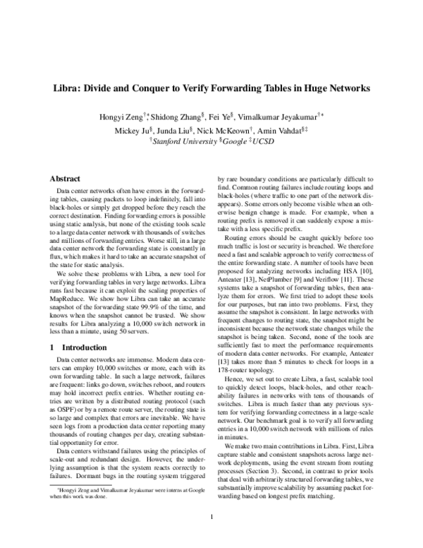 (PDF) Libra: divide and conquer to verify forwarding tables in huge networks