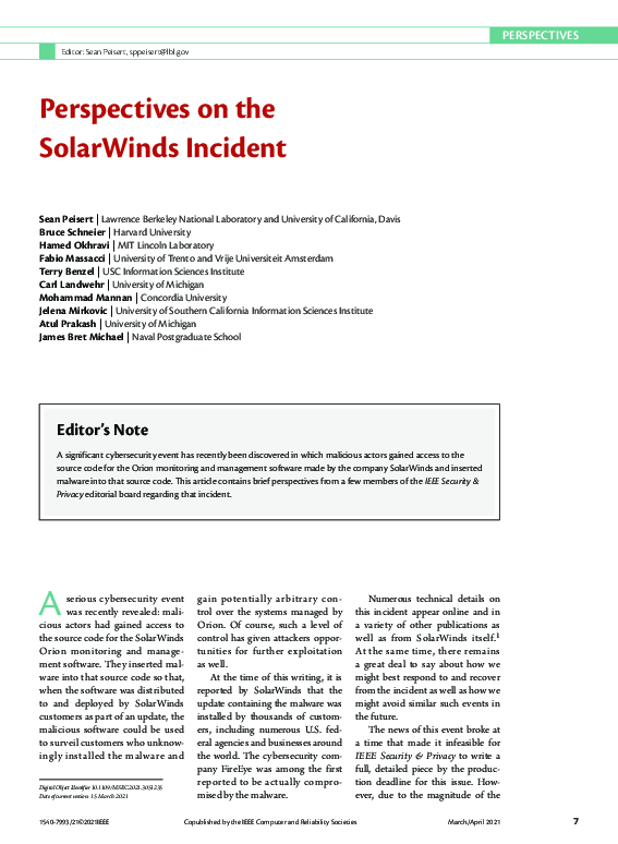 (PDF) Perspectives on the SolarWinds Incident