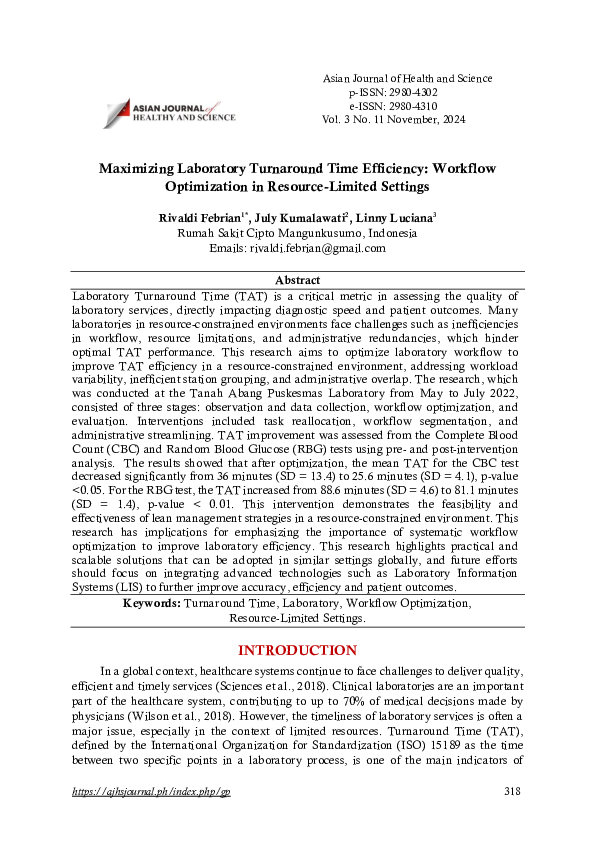 (PDF) Maximizing Laboratory Turnaround Time Efficiency: Workflow Optimization in Resource ...
