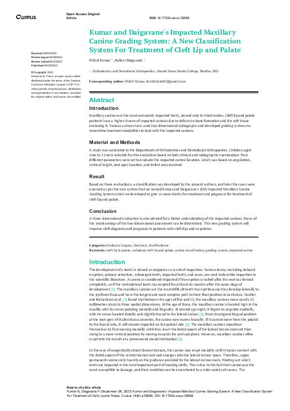(PDF) Kumar and Daigavane's Impacted Maxillary Canine Grading System: A ...