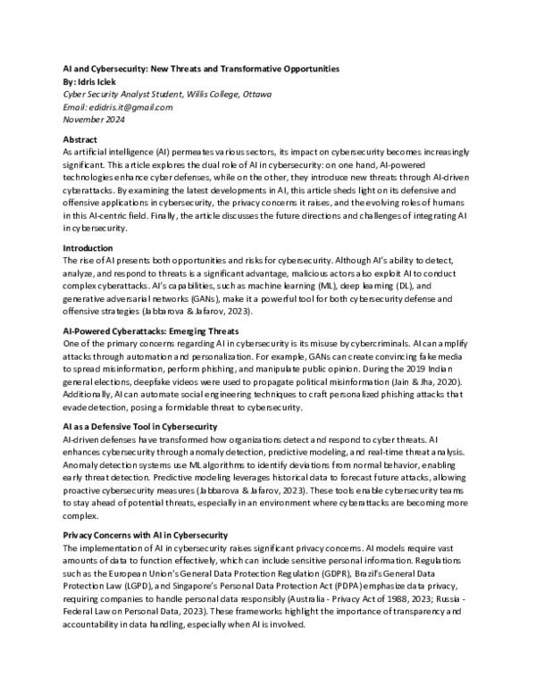 Pdf Ai And Cybersecurity New Threats And Transformative Opportunities