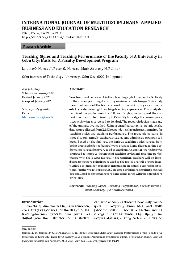 (PDF) Teaching Styles and Teaching Performance of the Faculty of A University in Cebu City ...