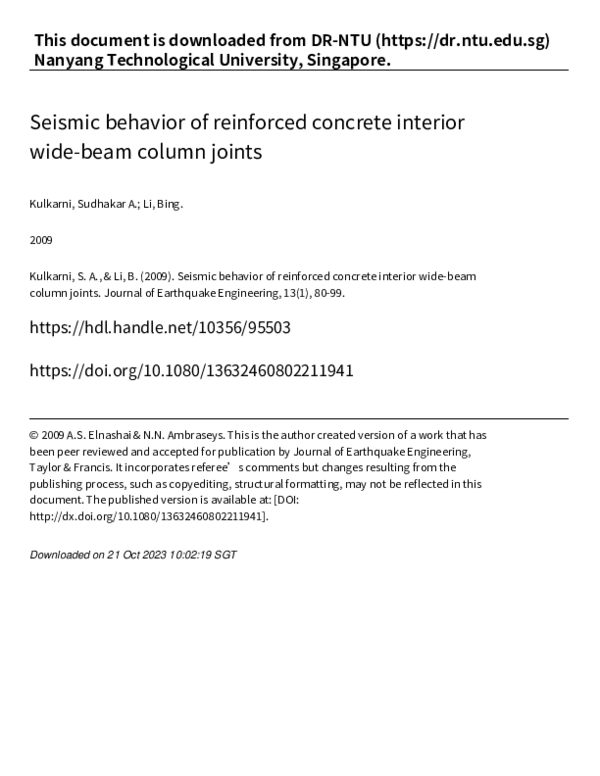 (PDF) Seismic Behavior of Reinforced Concrete Interior Wide-Beam Column Joints