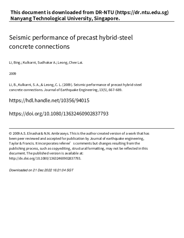 (PDF) Seismic Performance of Precast Hybrid-Steel Concrete Connections