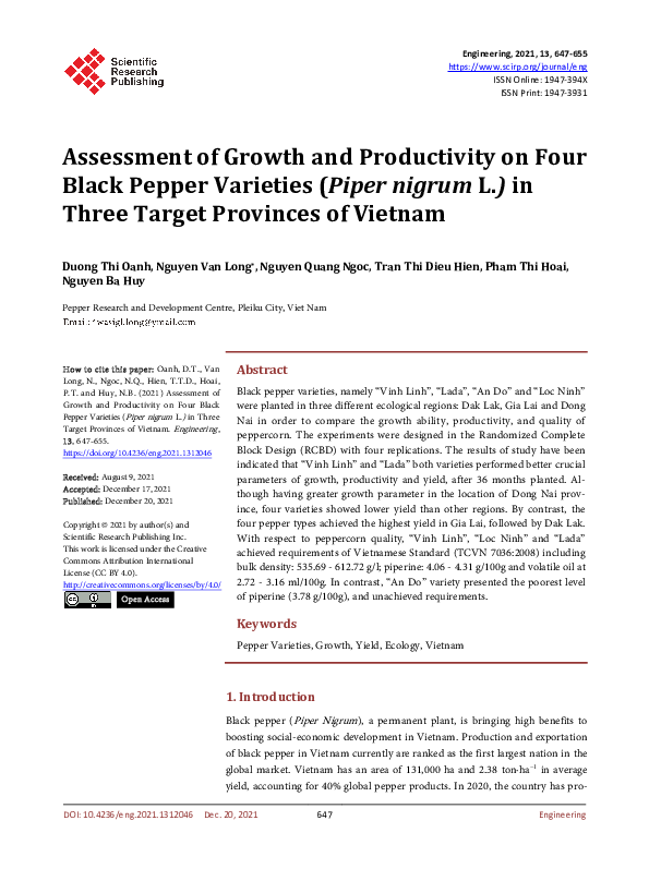 (PDF) Assessment of Growth and Productivity on Four Black Pepper ...
