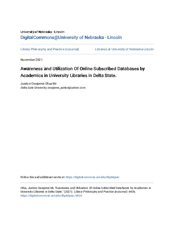 (PDF) Awareness and Utilization Of Online Subscribed Databases by Academics in University ...